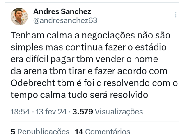 Andrés Sanchez se pronuncia após acordo com a Caixa melar