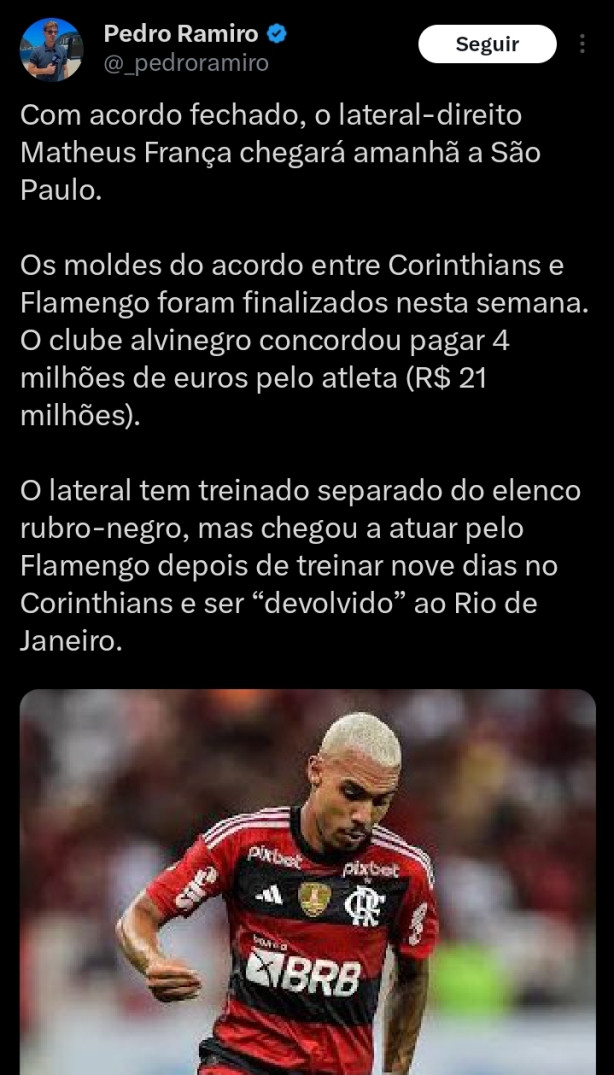 Pedro Ramiro: Matheus França desembarcará amanhã em SP