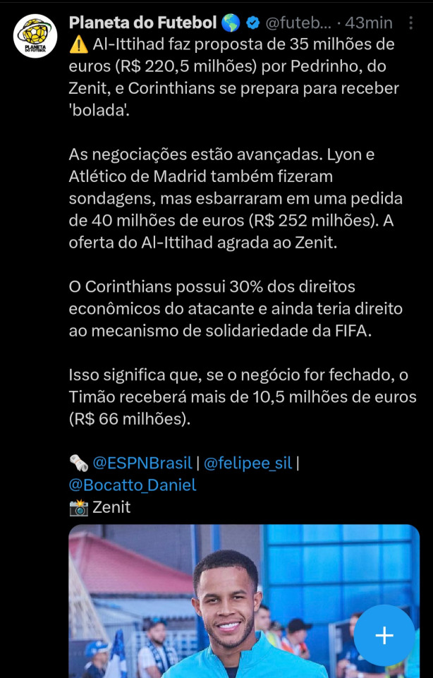 Corinthians tem direito a 30% do Pedro, 66 milhões (CARLOS Augusto)
